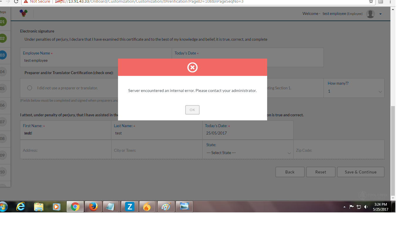 [NF-2109] Functional - Any company - EE Login - I-9 Verification-Getting server error ...